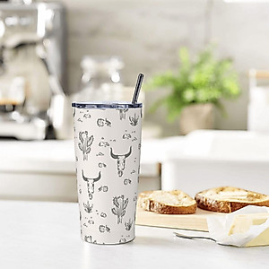 JASROTAO Eucalyptus Cow Skull Tumbler,Cow Skull 20oz Stainless Steel Insulated Travel Tumbler,Travel Coffee Mug with Lid and Straw Water Bottle Drink Tumbler Cups Gifts for Women Men