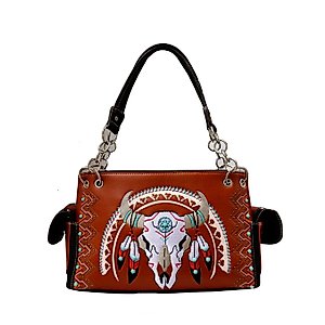 Premium Longhorn Skull Embroidered Feather Design Women Handbag Purse in 6 colors (Brown)