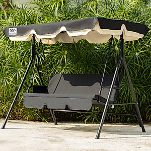 Fundouns 2-Person Patio Porch Swing Chair, Outdoor Canopy Hanging Swing Lounge Chair Adjustable Shade, Removable Cushions- Black and Beige