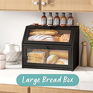 Vriccc Black Bread Box for Kitchen Counter, Bamboo Wood Bread Box, Large Capacity Bread Storage Bin