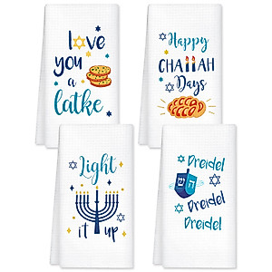 Vansolinne Hanukkah Kitchen Towels Chanukah Dish Towels Decorative Waffle Tea Towels Set of 4 - Fun Hostess Kitchen Decor Hanukkah Decorations, Housewarming Presents
