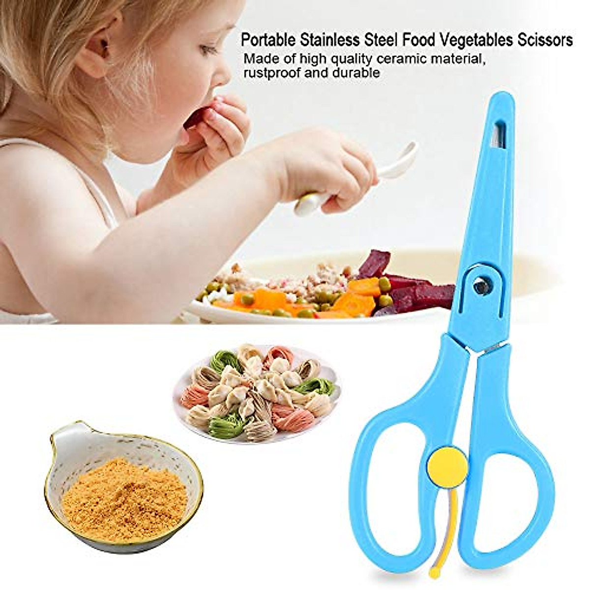 Food Shears Stainless Steel Baby Scissors Food Scissor with Plastic Cover for Toddlers, Preschool Training Kids Scissors(Blue)