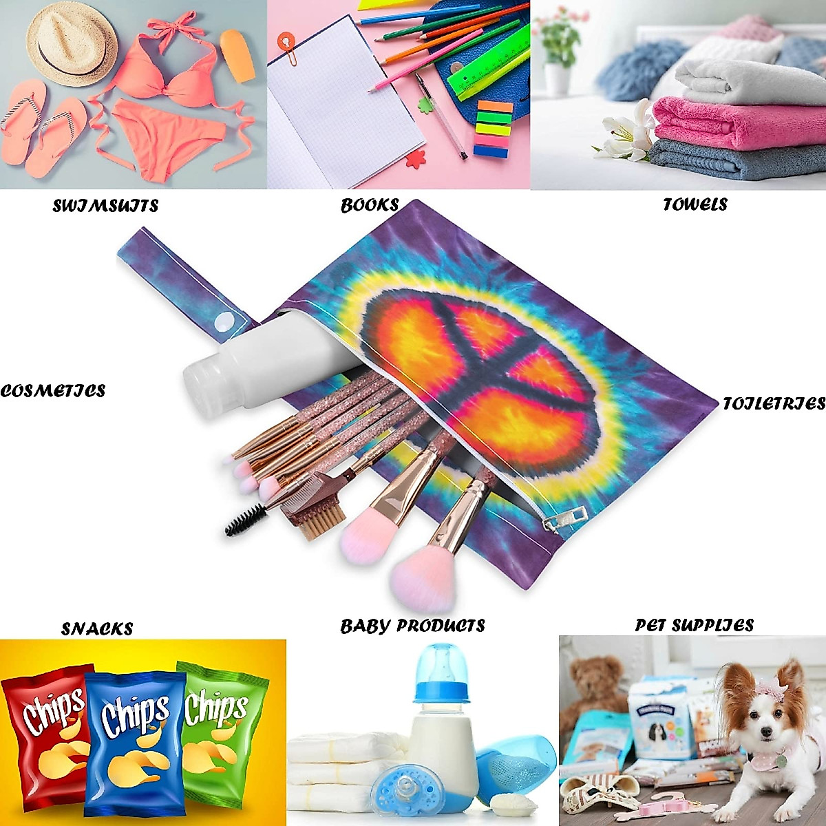 visesunny Abstract Peace Sign Design Tie Dye 2Pcs Wet Bag with Zippered Pockets Washable Reusable Roomy Diaper Bag for Travel,Beach,Daycare,Stroller,Diapers,Dirty Gym Clothes,Wet Swimsuits,Toiletries