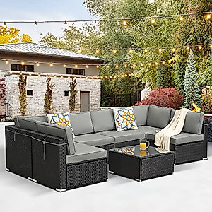 SUNVIVI OUTDOOR 7 Piece Patio Furniture Set, Outdoor Sofa for Backyard, Garden with 6 Sofas, 6 Seat Clips, Coffee Table - Black/Grey