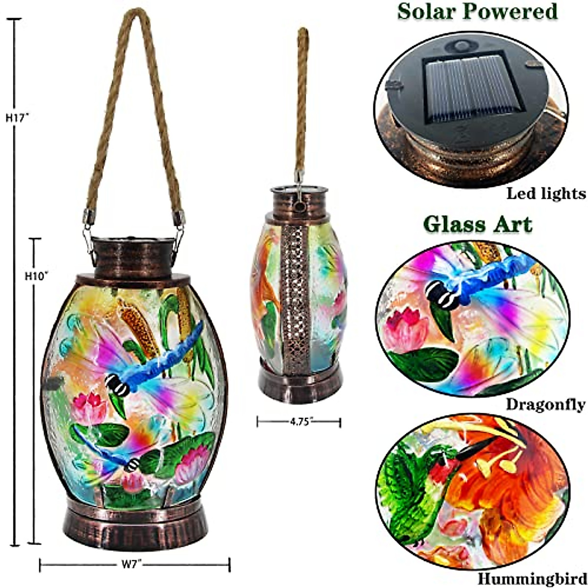 SUBOLO Hanging Solar Lantern Outdoor Garden Metal Glass Dragonfly & Hummingbird Pattern LED Light Solar Powered Waterproof Landscape Table Lamp for Patio, Yard and Pathway - 1 Pc