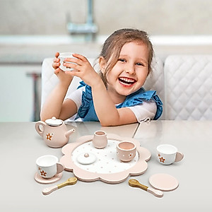 Wooden Afternoon Tea Set Toys for Toddlers Realistic Teapot Cups Carrying Tray Scoops Pretend Play Learning Role Play 12 pcs Pink Gift for Kids