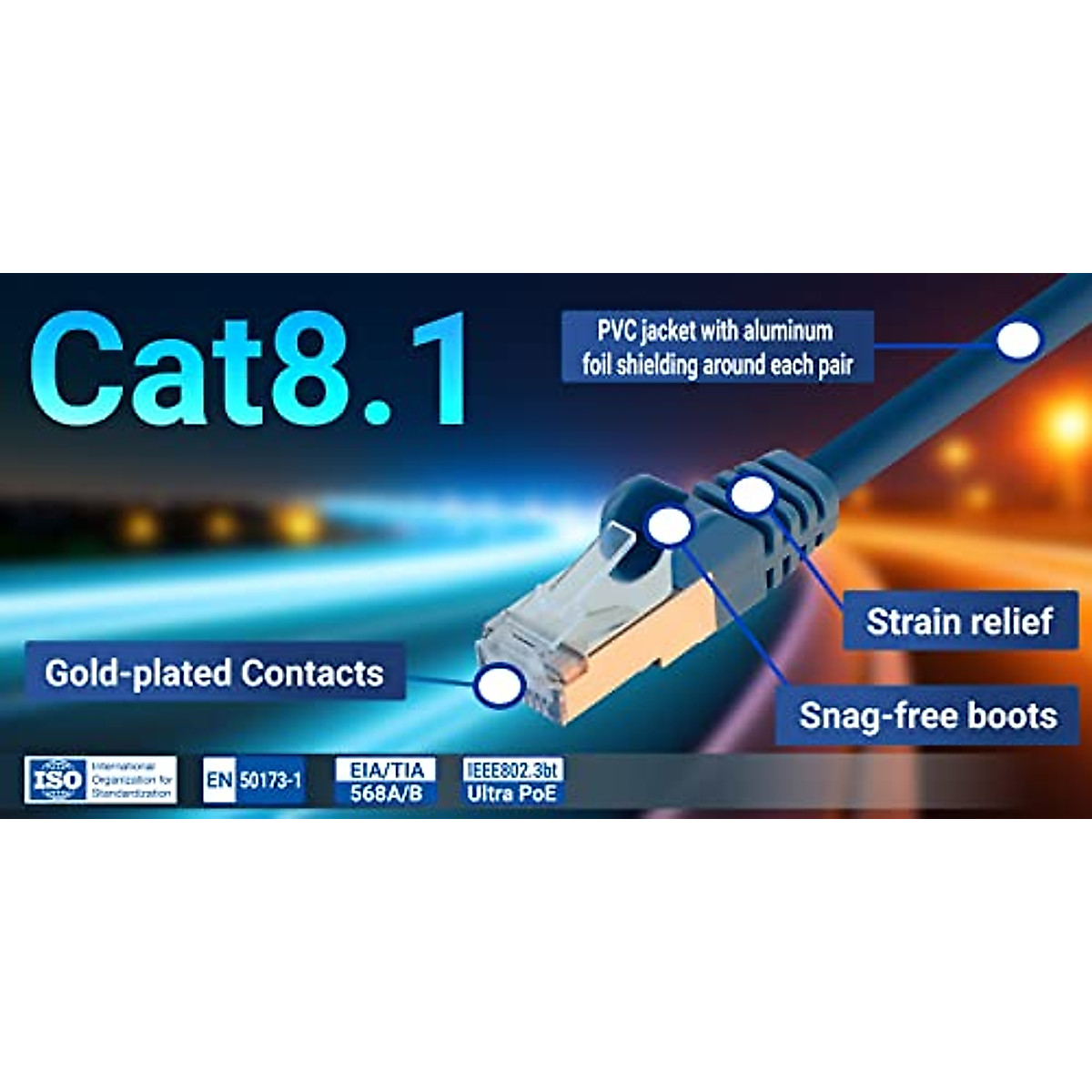 Intellinet Slim Cat8 Ethernet Network Patch Cable – 10-Pack - 40Gbps & 2000MHz, Snagless Boot, 30AWG Pure Bare Copper Wire, Gold-Plated Contacts, Lifetime Mfg Warranty – 1.5ft, 10 Pack, Blue