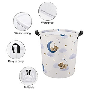 Cute Bear Pattern Waterproof Laundry Baskets Moon Stars Collapsible Laundry Hamper with Handles Large Round Toy Bin for Dirty Clothes,Kids Toys,Bedroom,Bathroom