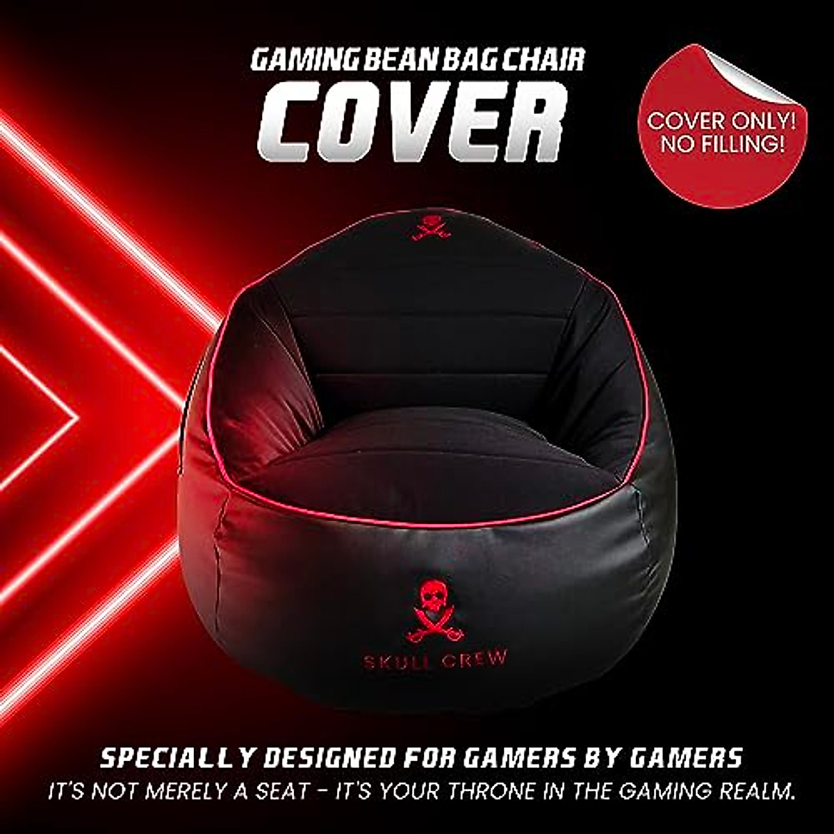 Skull Crew Bean Bag Cover [Cover ONLY, NO Filling] - Kids & Teens Gaming Chair - Floor Beanbag with XL Side Pocket & Hanger - Breathable Seat, Perfect for Bedroom, Dorm, Gaming Room - Soft & Stylish