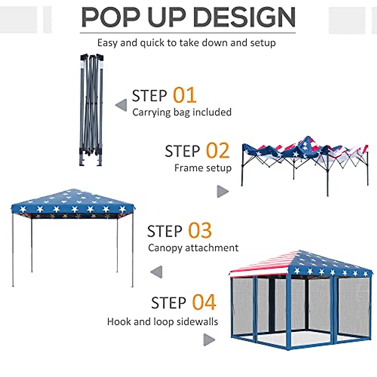 Outsunny 10' x 10' Pop Up Canopy Tent with Netting and Portable Carry Bag, Instant Sun Shelter, Tents for Parties, Height Adjustable, for Outdoor, Garden, Patio, American Flag
