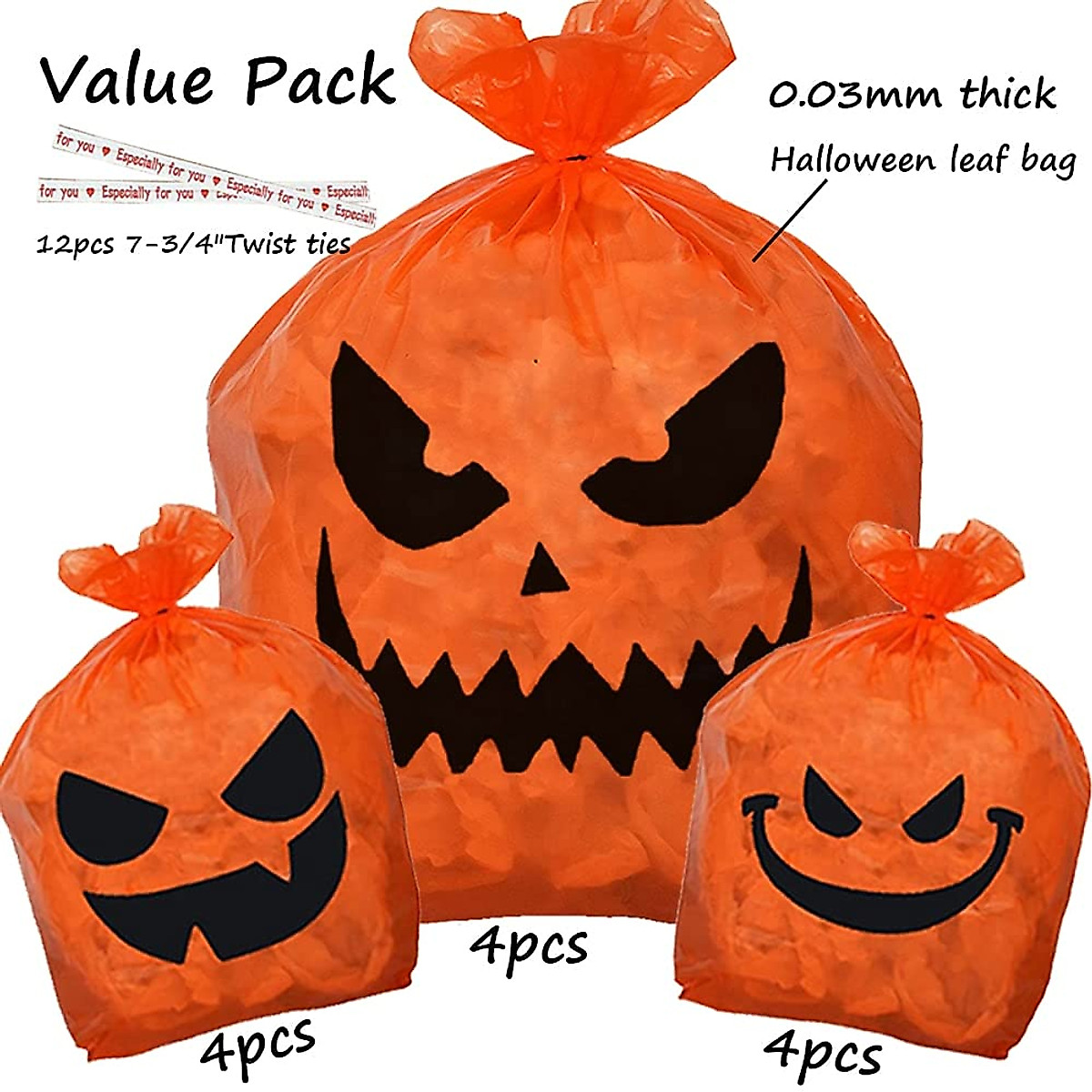 Halloween Pumpkin Leaf Bags Decoration(pack of 12)-Thicken Pumpkin Trash Bags for Leaves-3 pumpkin expressions(4 large 8 small) -Pumpkin Lawn Bags with Twist Ties.
