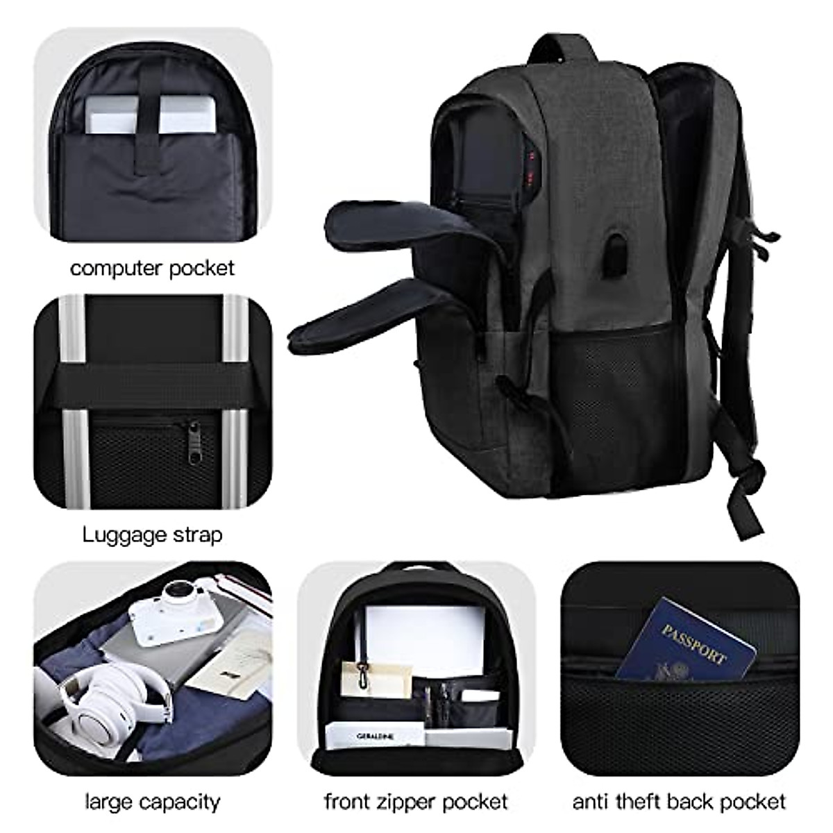 Yamdeg Extra Large Travel Backpack, Large Carry On Backpack, 17.3 Inch Laptop Backpack For Computer Business Travel With USB Port, TSA Airline Approved Waterproof Travel Daypack For Men, Black