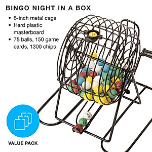 Deluxe Bingo Set with Extra Cards and Chips - Bingo Set with Game Chips, Cards, Roller Cage, Master Board, Color Balls - Classic Fun and Party Games for Seniors, Family and Kids