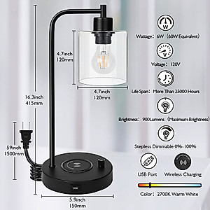 E-Senior Set of 2 Industrial Table Lamp, Wireless Charging Nightstand Lamp, Bedside Lamp with USB, Fully Stepless Dimmable Table Lamp for Bedroom Living Room Office (LED Bulbs Included)
