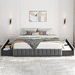 Yaheetech King Bed Frame Upholstered Platform Bed with 4 Storage Drawers, Large Storage Space/Strong Wooden Slats/Non-Slip and Noise-Free/No Fixed Headboard/No Box Spring Needed/Dark Gray King Bed