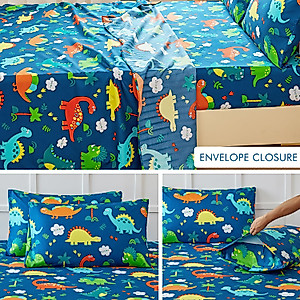 WINLIFE Dinosaur Sheet Set Twin for Boys 3 Piece - Soft Cozy Microfiber Twin Size Kids Sheets - Cartoon Dino Sheets for Twin Bed - Deep Pocket 16 Inches Teen Bed Sheets for Children, Navy