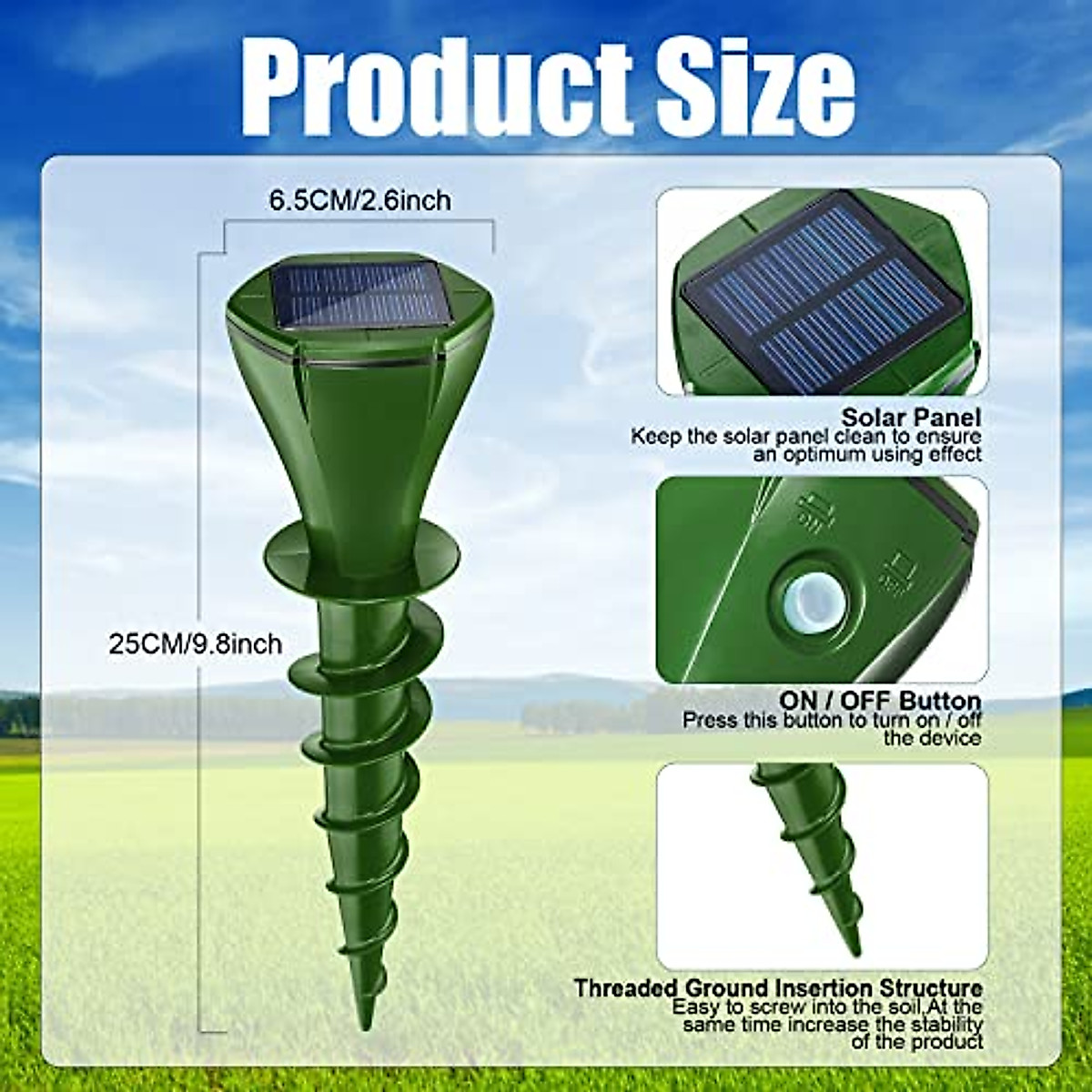 Qualirey Mole Repellent Screw Solar Powered Ultrasonic Groundhog Repeller Mole Deterrent Spikes Snake Vole Gopher Armadillo Repellent Groundhog Deterrent Vibration Stake for Lawn Garden Yard (4 Pack)