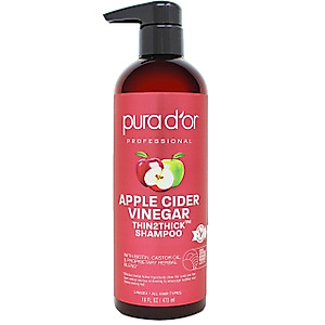 PURA D'OR 16 Oz Apple Cider Vinegar Thin2Thick Shampoo - Biotin, Castor Oil for Reduced Frizz, Split Ends, Clarifying & Detox, No Parabens, No Sulfates, All Hair Types, Men & Women