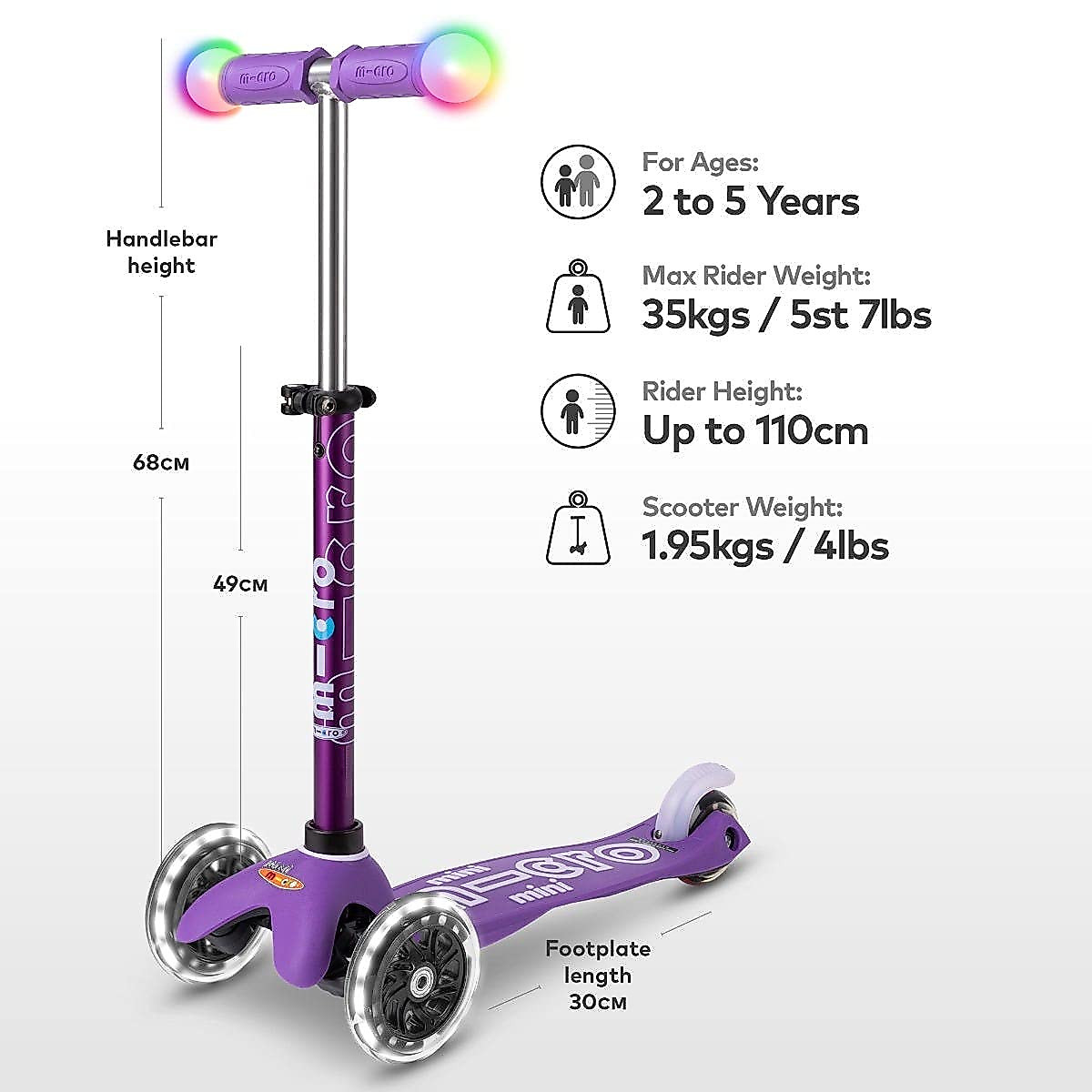 Micro Kickboard - Mini Deluxe Magic with Light-up Handlebars, and LED Light-up Wheels, 3-Wheeled, Lean-to-Steer, Swiss-Designed Micro Scooter for Kids, Ages 2-5 (Purple)