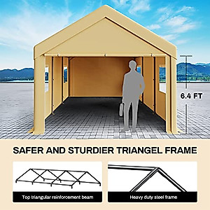 Cityflee Carport, 10'x 20' Heavy Duty Carport Canopy with Roll-up Ventilated Windows, Portable Garage with Removable Sidewalls & Doors for Car Truck Boat, Waterproof Car Shelter, Khaki
