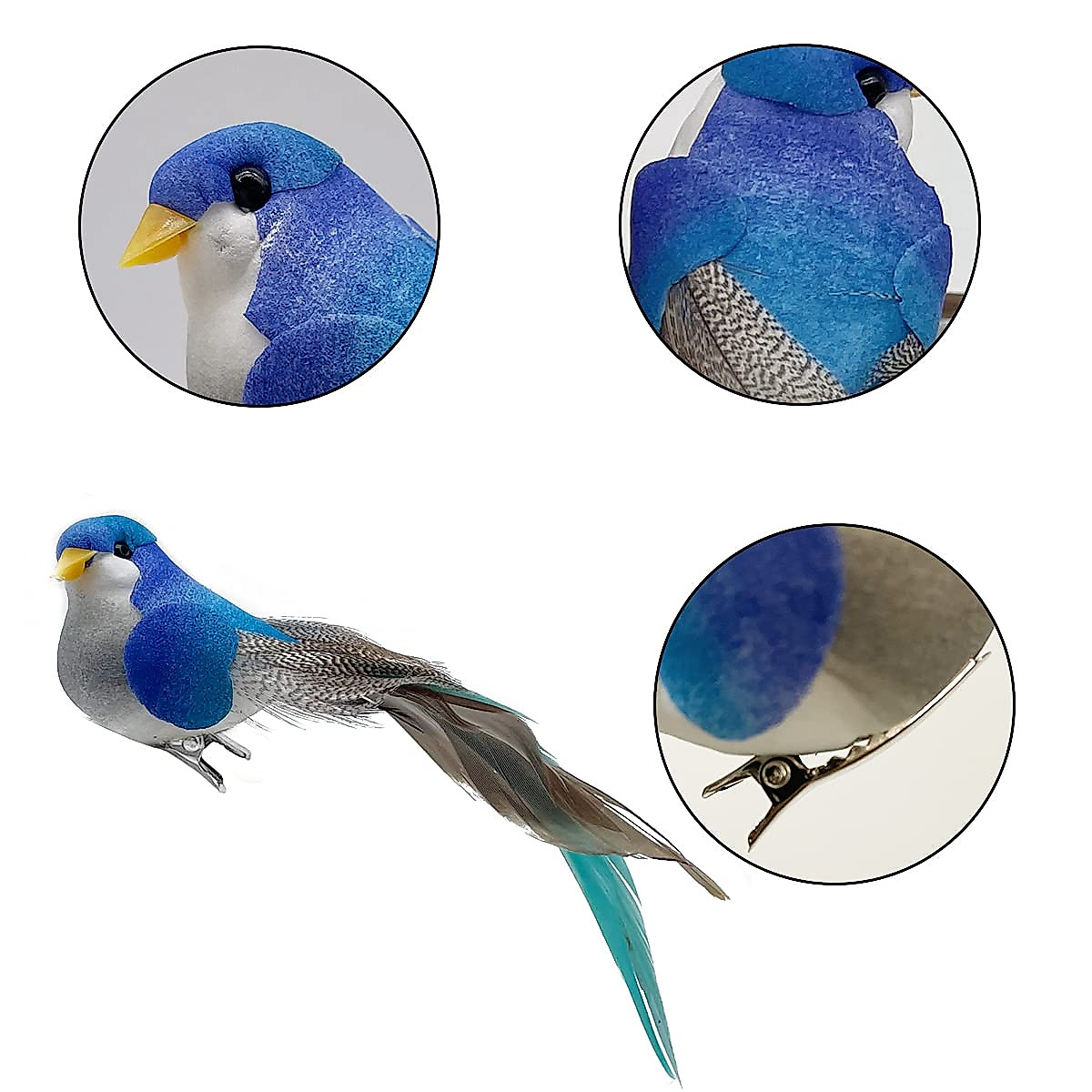 LWINGFLYER 12pcs Clip on Artificial Simulation Foam Birds Feather Long Tail Feather Fake Birds for Craft Home Ornaments Garden Wedding Decoration Embellishing 12cm/4.7inch