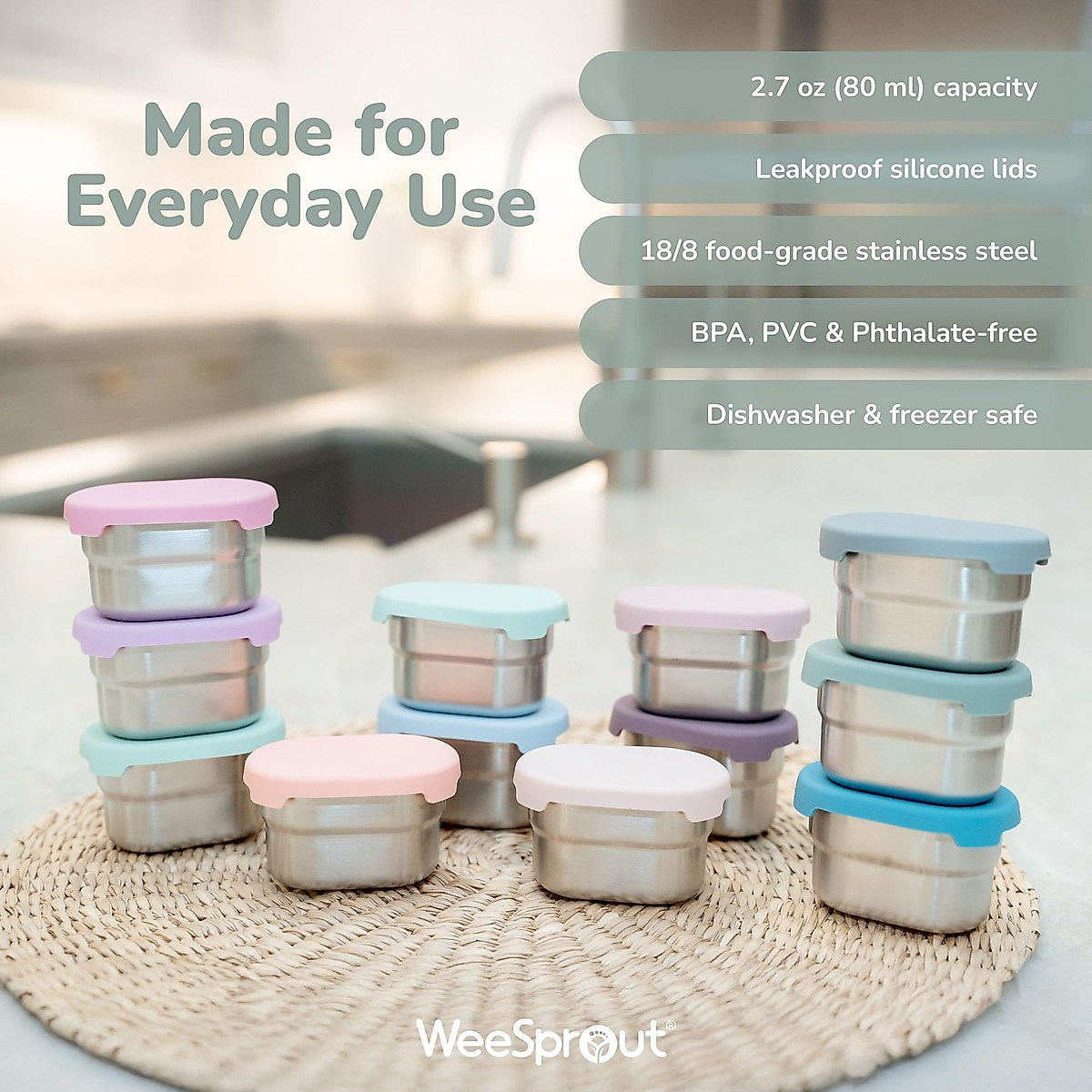 WeeSprout 18/8 Stainless Steel Condiment Containers - Set of 3 Small Dipping Sauce Cups (2.5 oz) with Lids, Pack in Kid/Adult Lunch Box, Leakproof Silicone Lids, Easy to Open, for Dips/Condiments