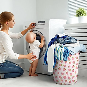 Laundry Basket Strawberries Pink Stripes Laundry Hamper Bag Clothes Bag Collapsible With Handles Travel Bathroom College Essentials Storage