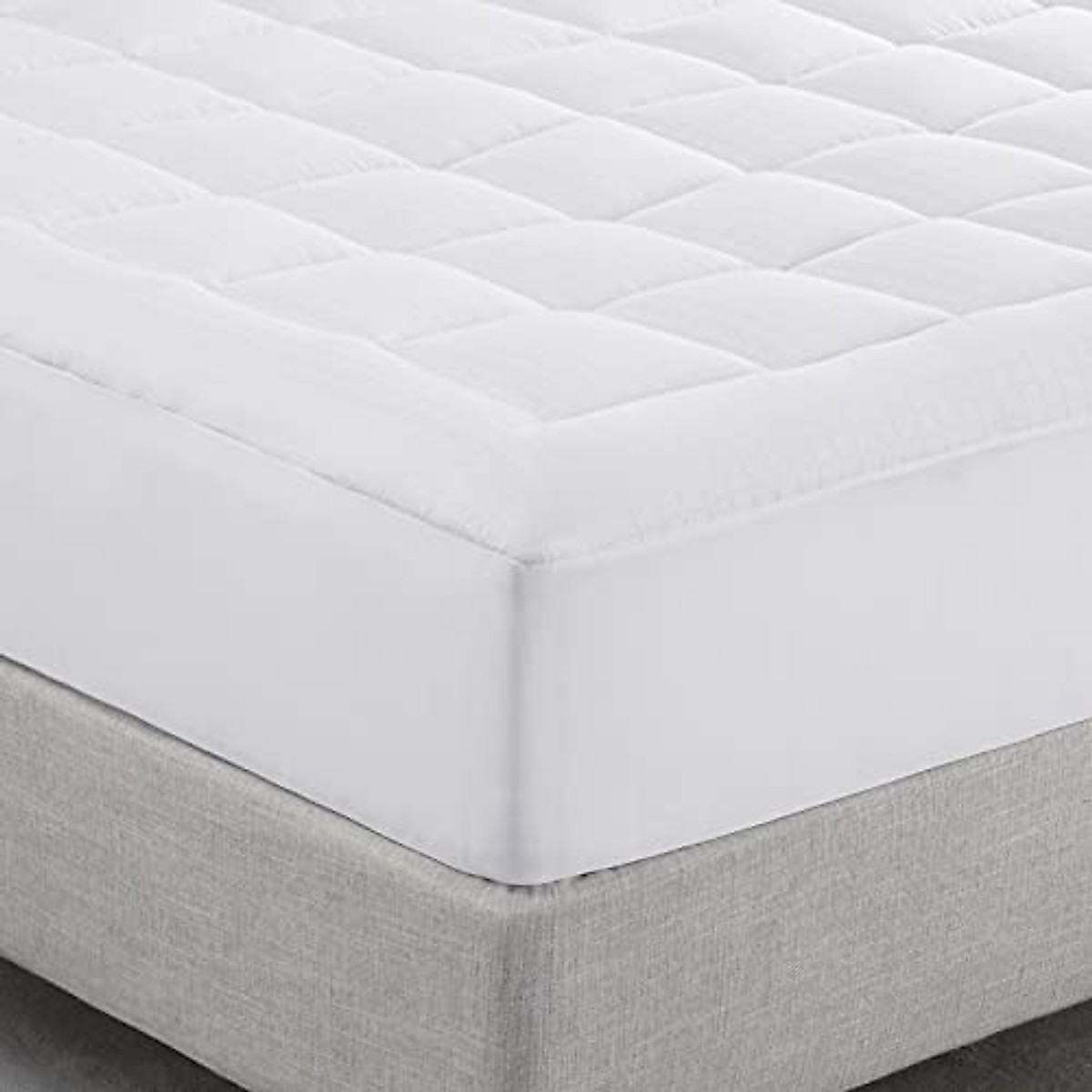 SERTA ComfortSure Breathable Elastic Dobby Check Quilted Pillow Top Mattress Pad Cover with 18" Deep Pocket for All Season, White, King