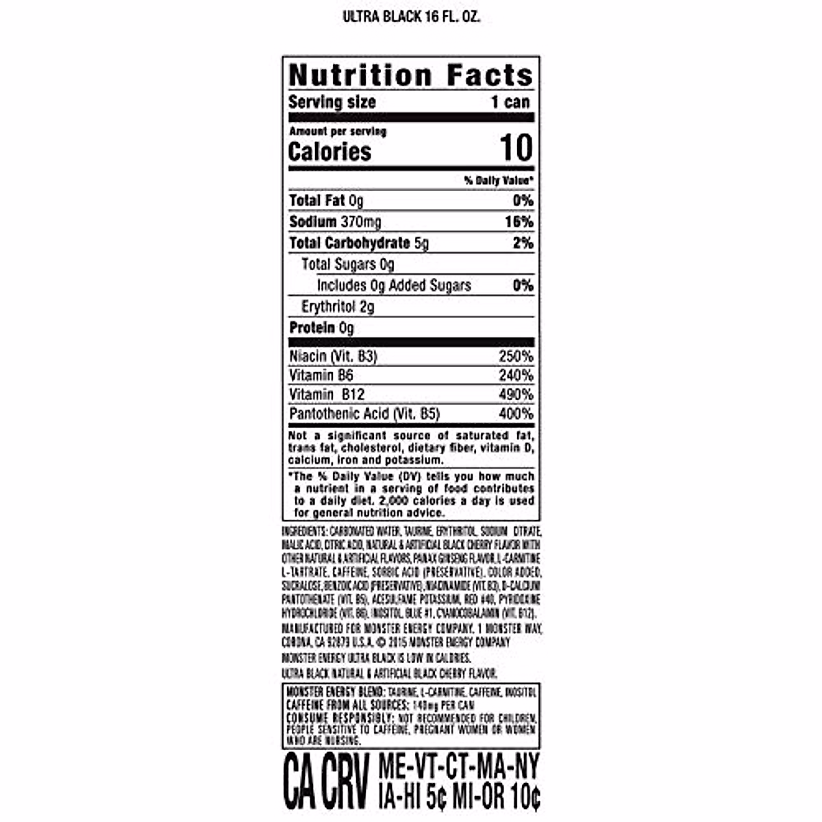 Monster Energy Ultra Black, Sugar Free Energy Drink, 16 Ounce (Pack of 15)