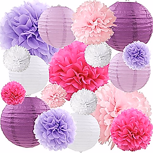 Purple Pink Tissue Paper Flowers Lanterns Decorative Flowers Pom Poms Party Decorations, 18 pcs