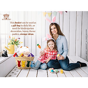 KING OF HANDMADE Personalized Easter Basket for Boys Girls with Custom Name, Cute Rabbit and Colorful Pompoms - Perfect for Easter Egg Hunt, Bucket Candies, Spring Birthdays and Baby Showers