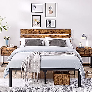 Yaheetech Industrial Platform Bed Frame Full with Wood Headboard and Metal Slats, Rustic Country Bed with Mattress Foundation/12 Inch Underbed Storage/No Box Spring Needed/Strong Slats Support, Brown