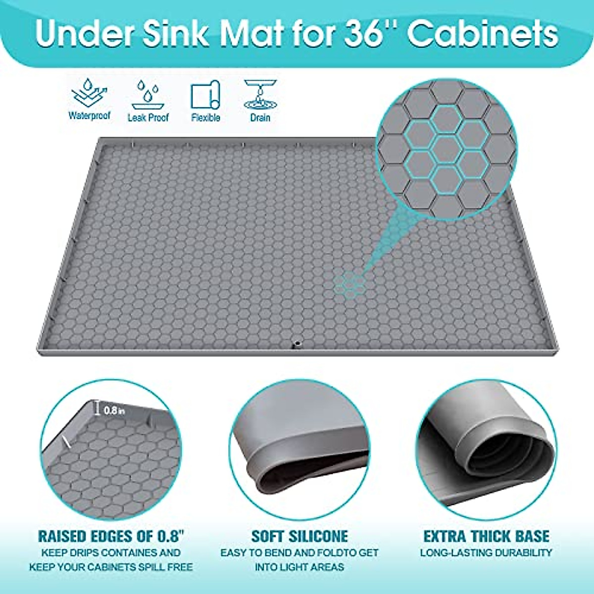 Under Sink Mat for Kitchen, 34" x 22" Silicone Tray for Bottom of Kitchen Cabinet to Protector for Drips Leaks Spills, Waterproof Under Sink Liner - Hold up to 2.5 Gallons