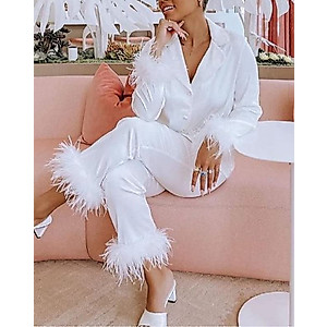 NUFIWI Stain Long Sleeve Button Down Pajamas Suit with Feather Trim Solid Color Sleepwear Set 2022 Summer Fashion Nightwear White