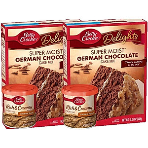 Betty Crocker Super Moist German Chocolate Cake Mix and Coconut Pecan Frosting Bundle (4 Pack)