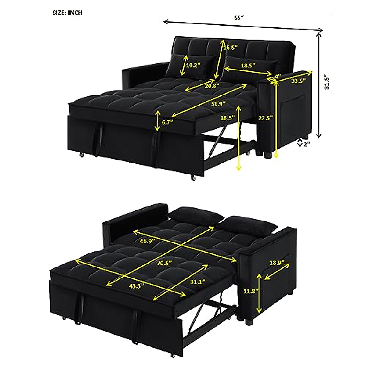 FANYE Modern Convertible Loveseat Pull Out Sleeper Bed,2 Seater Sofa & Couch W/Adjustable Backrest,Tufted Daybed for Home Apartment Office Living Room, Black Twin Velvet Both Side Pockets