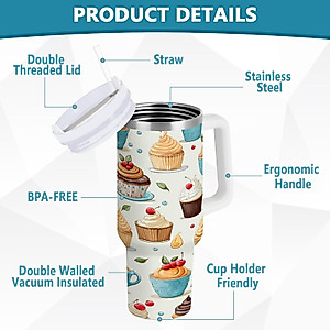 ARGTILDN 40 oz Tumbler Cupcakes Cherry Leaves Insulated Travel Mug with Handle and Straw Lid Stainless Steel Vacuum Coffee Cup Tea Beverage Container Water Bottles for Car Sports office