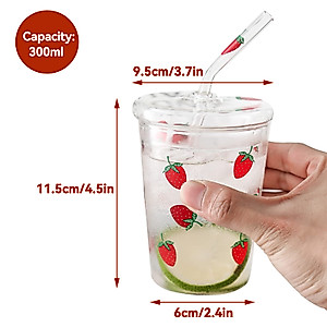 Agatige 300ml Glass Water Cup with Straw and Lid, Cute Strawberry Mug Glass Milk Bottle Water Juice Smoothie Drinking Cup for Home Office School
