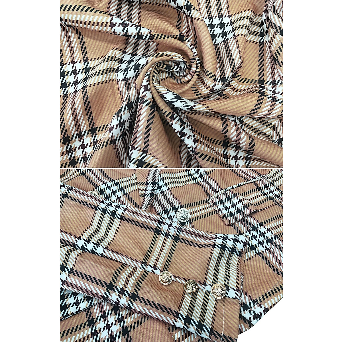 futurino Women's Casual Blazer Front Open Long Sleeve, Double Breasted Blazer Vintage Print Plaid Slim Suit for Women Khaki