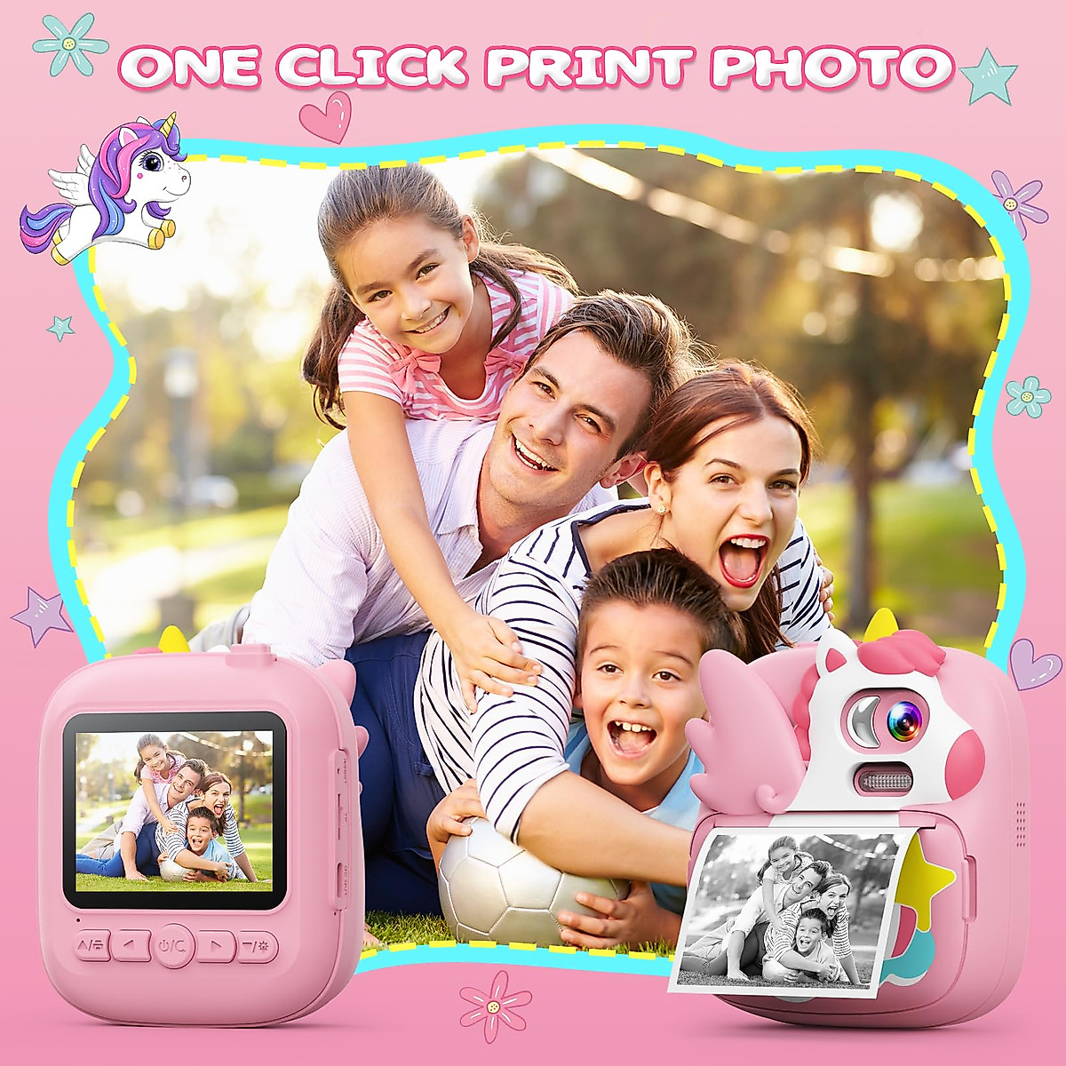 CAMCLID Kids Camera Instant Print, 12MP & 1080P Instant Camera for Kids with 32G Card & Print Paper, Selfie Digital Video Camera for Toddler,Christmas Birthday Gifts for Girls Boy Age 3-12 (Pink)