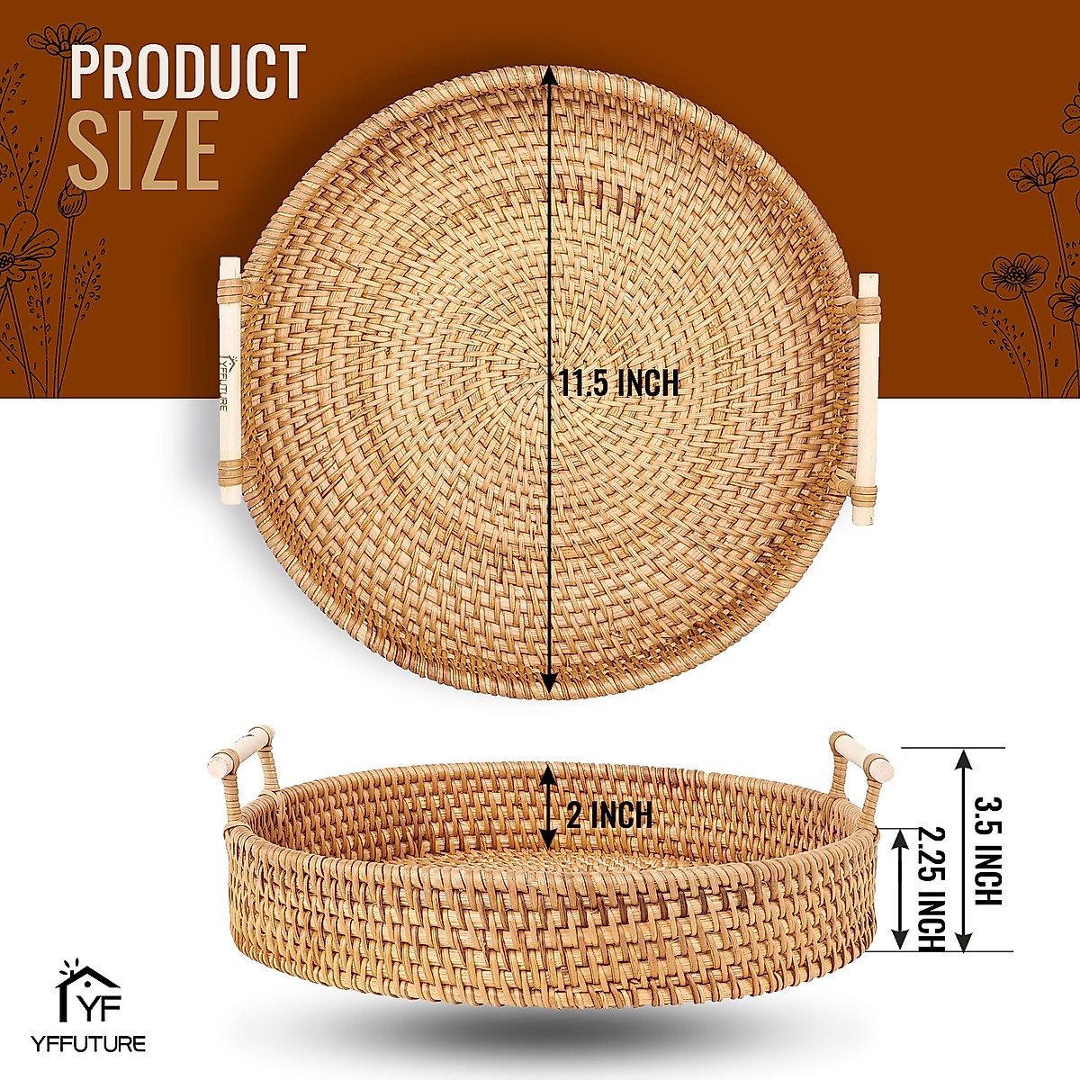 YFFuture Rattan Serving Tray – 11.5-inch Round Serving Tray with Handles – Handmade Round Rattan Tray – Decorative Tray for Coffee Table, Food Serving, Party – Round Wicker Tray for Home Decor…