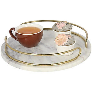 MyGift 12-inch Round Marble Serving Tray with Vintage Brass Metal Handles, Handcrafted Natural White Marble Decorative Tray for Appetizer & Dessert, Vanity, Perfume Tray, (Made in India)