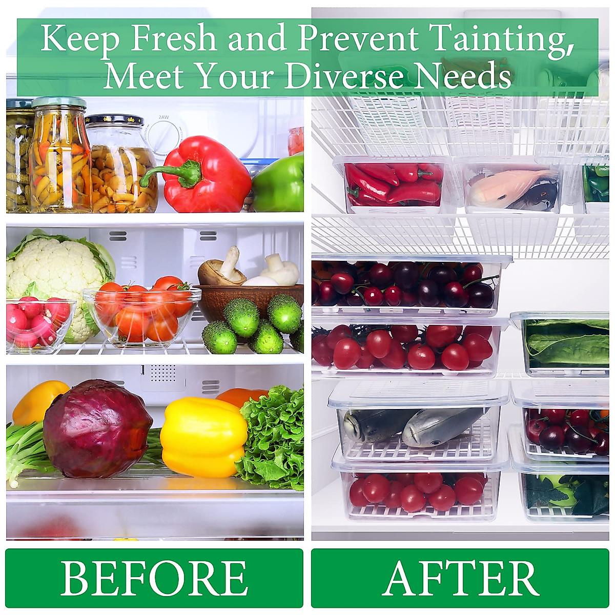 Meanplan Food Storage Containers for Fridge Plastic refrigerator Organizers with Removable Drain Plate and Lid Stackable Produce Containers to Keep Fruits, Vegetables, Meat (12 Packs)