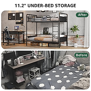 Jocoevol Bunk Bed Twin Over Twin, Industrial Bunkbeds with Ladder and High Guardrail, Twin Size Convertible Metal Bunk Beds for School, Bedroom (Black)