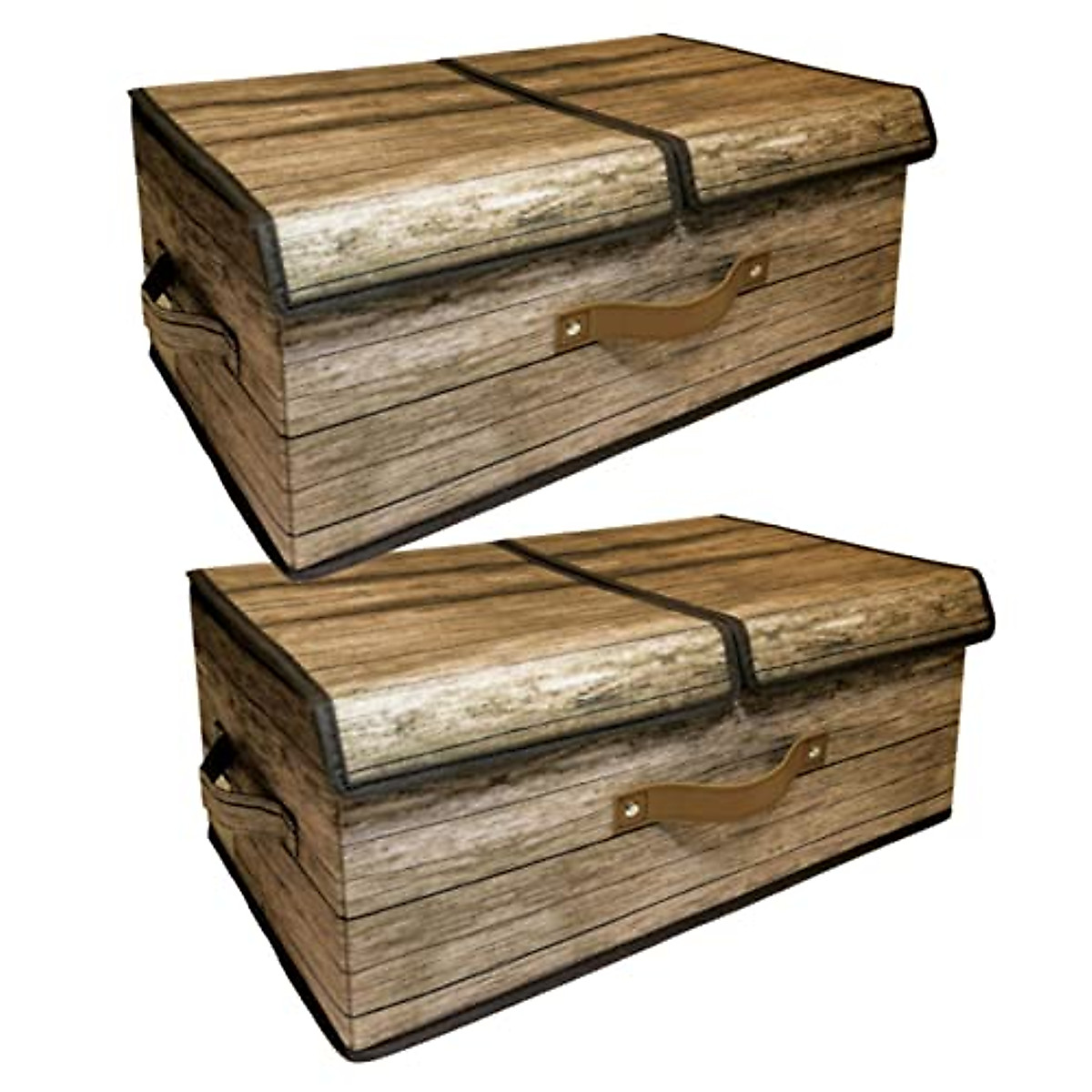 Double Compartment X-Large Collapsible Multi-Use Storage Bins with Dual Lids, Fold-up Cloth and Home Décor Dual Space Storage Caddy Box, Two Compartment Closet Chest (Pack of 2, Reclaimed Wood)