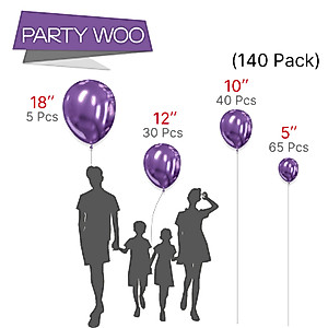 PartyWoo Metallic Purple Balloons, 140 pcs Purple Metallic Balloons Different Sizes Pack of 18 Inch 12 Inch 10 Inch 5 Inch Purple Balloons for Balloon Garland Arch as Party Decorations, Purple-G105