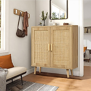 Iwell Storage Cabinet with Adjustable Shelf, Rattan Cabinet with 2 Doors, Rattan Storage Cabinet, Accent Cabinet for Living Room, Dining Room, Entryway, Natural