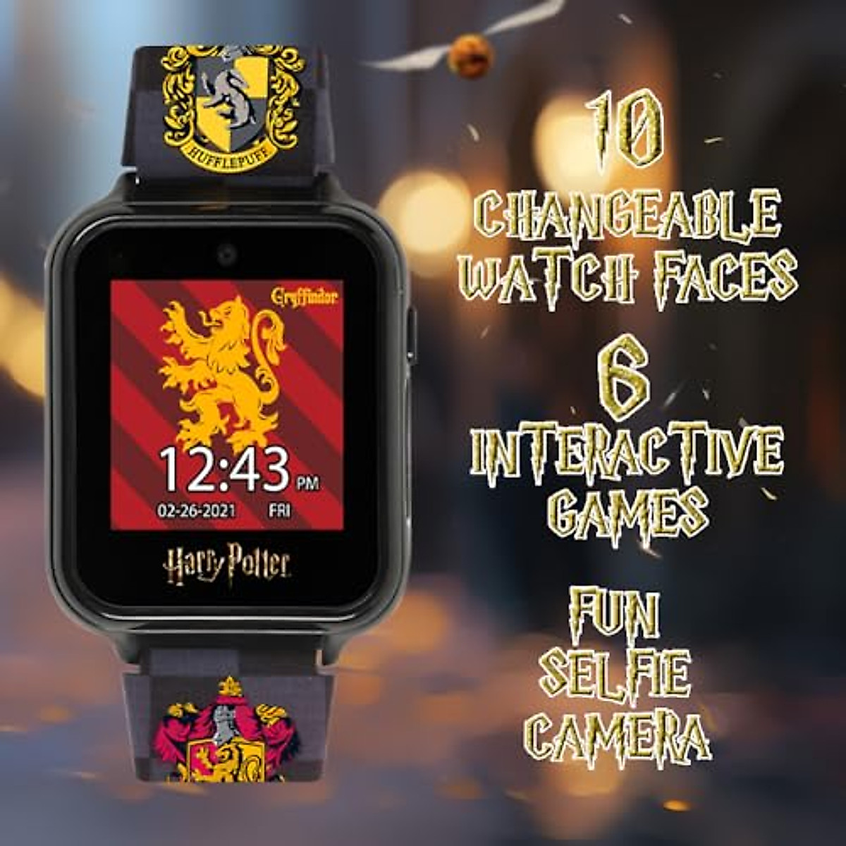 Accutime Harry Potter Educational Learning Touchscreen Kids Smartwatch - Black Strap, Toy - Girls, Boys, Toddlers - Selfie Cam, Games, Alarm, Calculator, Pedometer (Model: HP4107AZ)