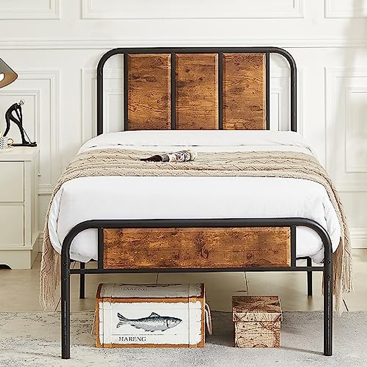 VECELO Bed Frame with Wooden Headboard Metal Slats, High Metal Platform Bed, No Box Spring Needed(Twin, Vintage Brown)