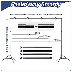 FOTOUMGL Backdrop Stand 10x6.5ft, Wide Tripod- Adjustable Photo Backdrop Support System for Parties Background, Photoshoot, Photo Video Studio - Photography Kit with Spring Clamp, Sand Bag, Carry Bag